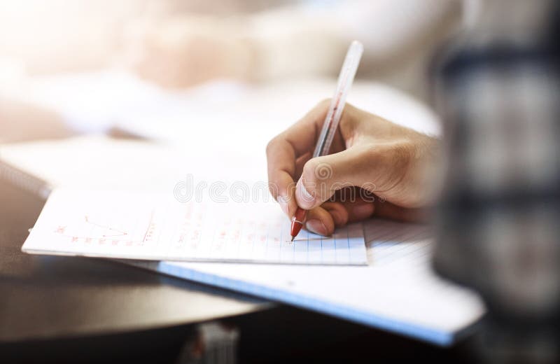 Writing, Education or Hand of Person in College for Learning, Notes or ...