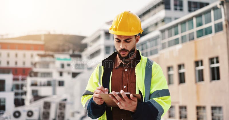 Writing, Engineer and Clipboard with Man in City for Architecture ...
