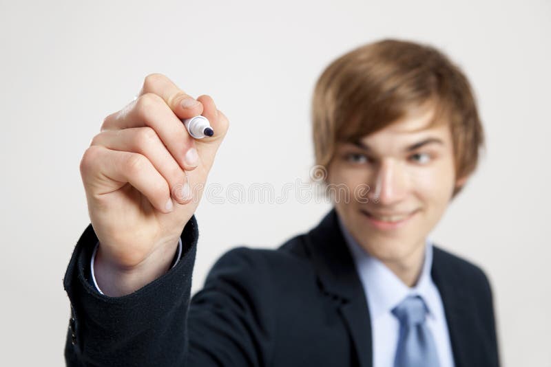 Man Writing on Glass Board or Working with Virtual Screen Stock Photo ...