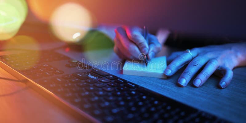 Writing Hacker And Computer With Hands Of Person For Research Coding