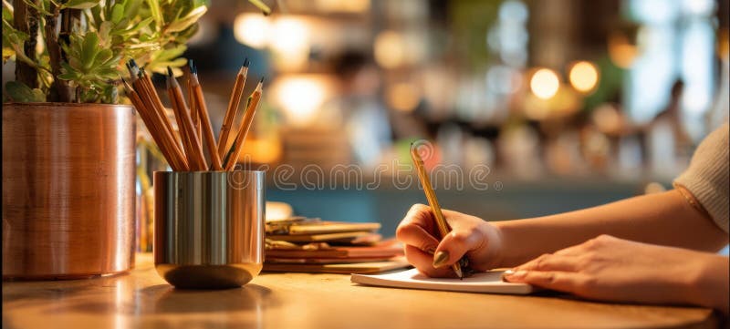 The Writing Hand Focused on a Notebook in a Cozy Workspace. AI ...