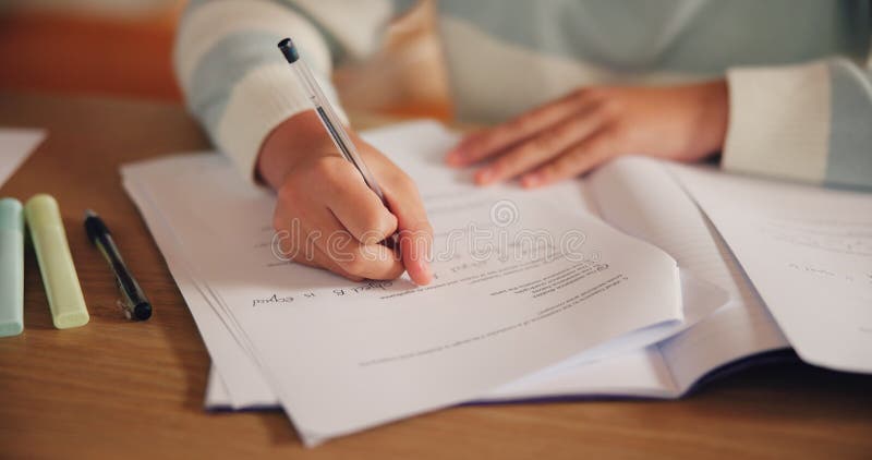 Writing, Homework and Hands of Child in Classroom for Learning ...