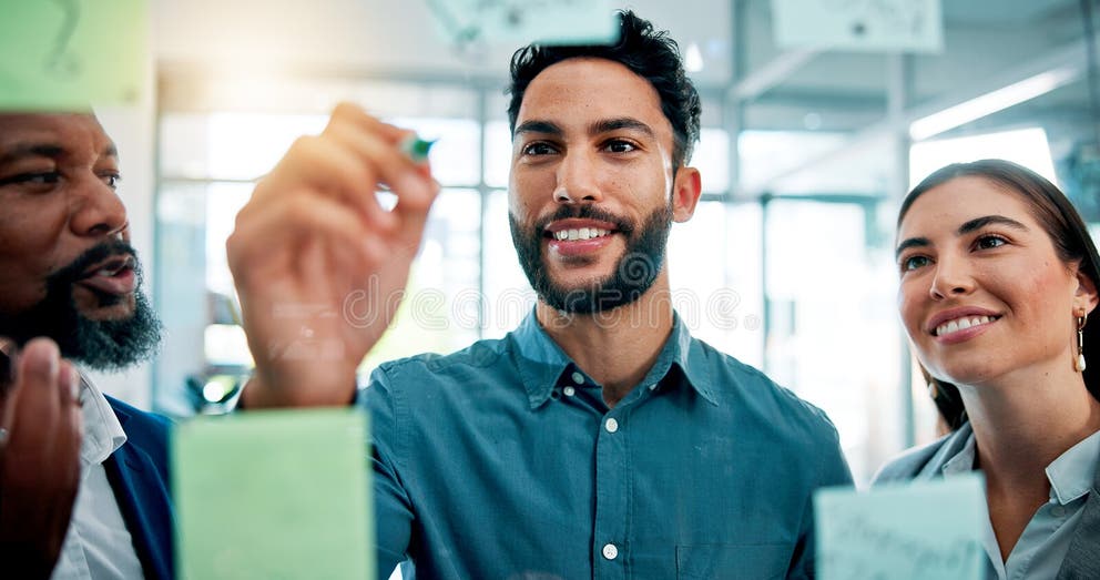 Writing, Ideas and Business People at Glass Wall with Collaboration ...
