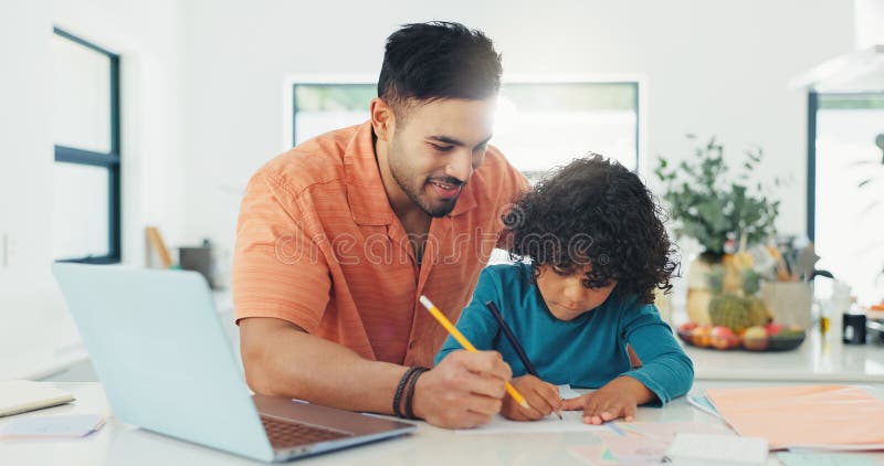 Writing, Laptop and Father with Child in House for Homework, Studying ...
