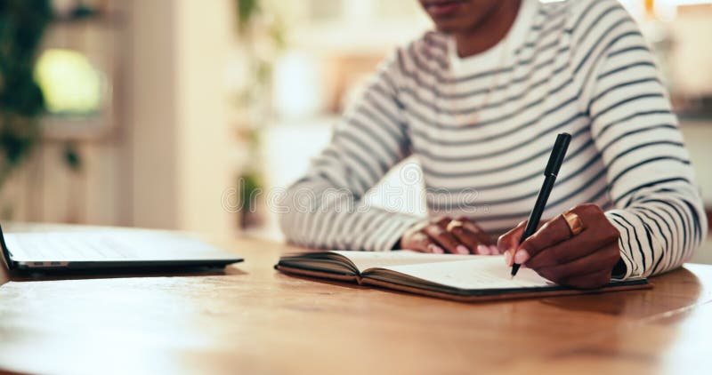 Writing, Laptop and Notebook with Hands of Woman at Home for Schedule ...
