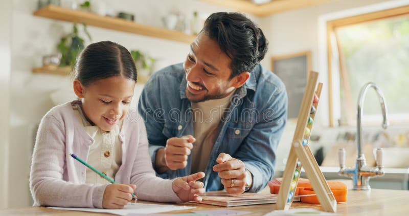 Writing, Learning and Family, Father and Child in Kitchen for Home ...