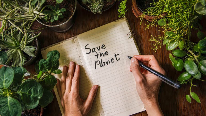 Writing a Message about Environmental Conservation in a Notebook ...