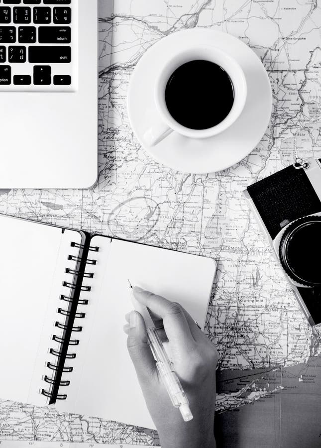 Writing Note on Map with Accessories Black and White Design Stock Photo ...