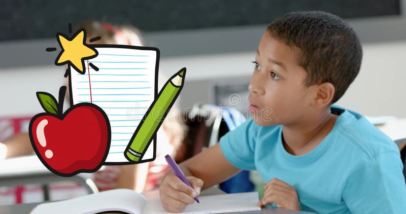 Writing in Notebook, Boy with Pencil and Apple Image Over Classroom ...