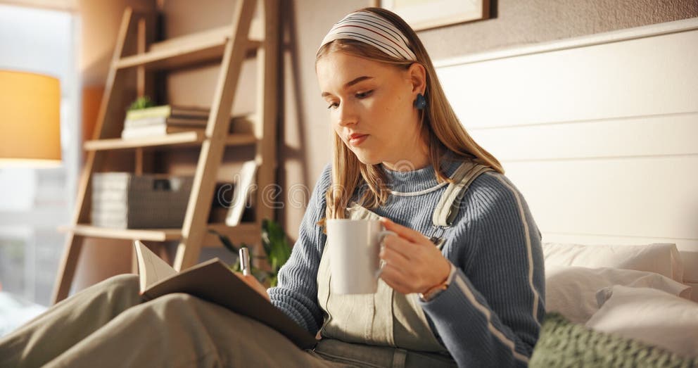 Writing, Notebook and Coffee with Student in Bedroom for Study ...