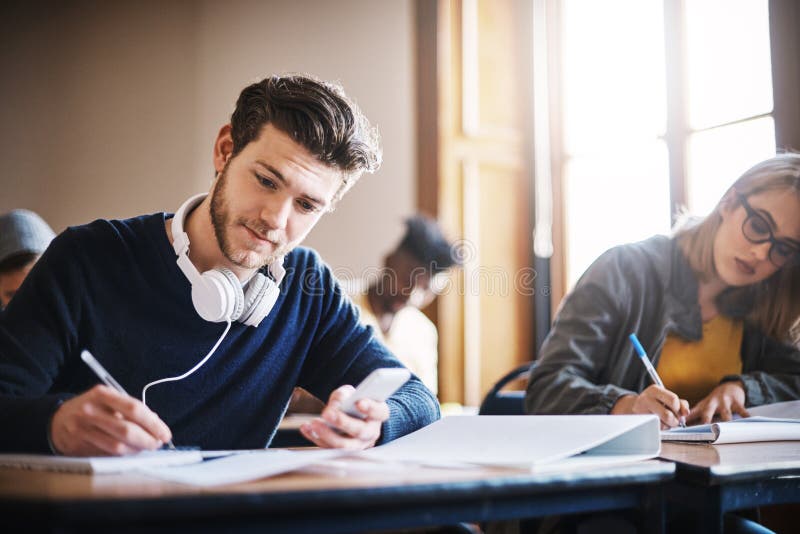 Writing, Notebook and Education with Man in Classroom for Learning ...