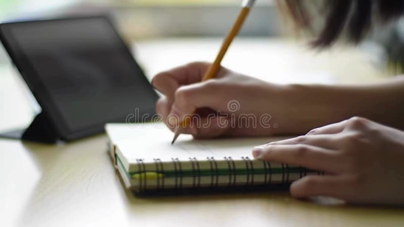 Writing in a Notebook with Pencil Next To Tablet on Desk, Close Up on ...
