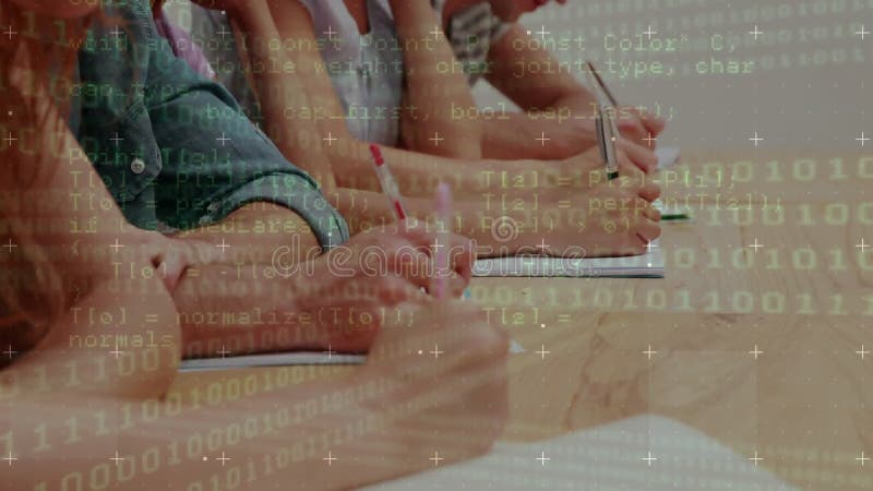Writing in Notebooks, Students with Binary Coding and Data Processing Animation Over Stock Video ...