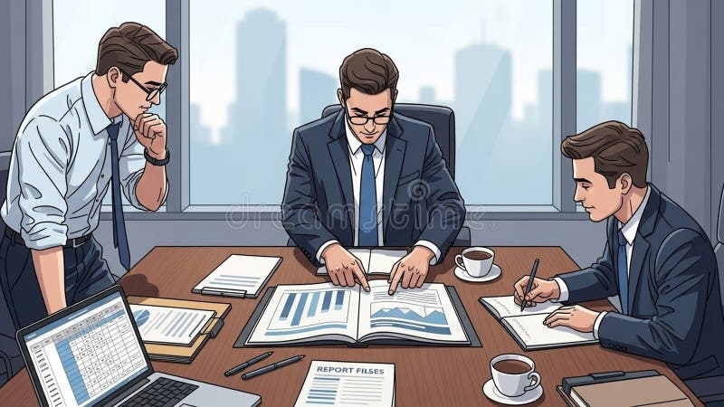 Writing Notes, Another is Focused on the Report, while the Third Stock ...