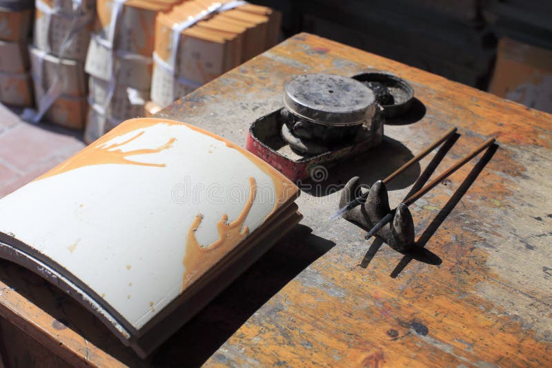 Writing or Painting with Brush on the Tile Stock Photo - Image of ...