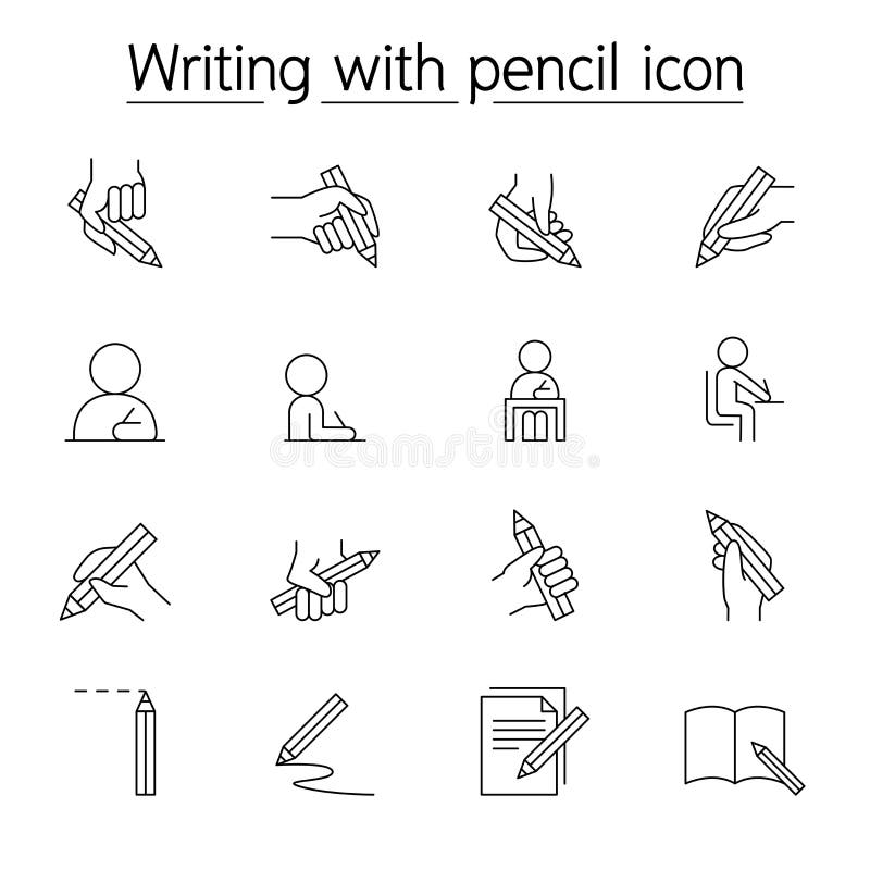 Writing with Pencil Icon Set in Thin Line Style Stock Vector ...