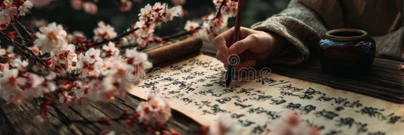 Writing Poetry on a Floating Scroll Under a Cherry Blossom Tree in a ...
