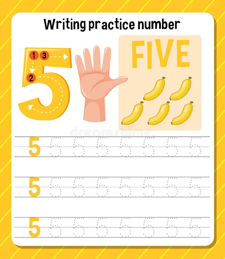 Writing Practice Number 5 Worksheet Stock Vector - Illustration of ...