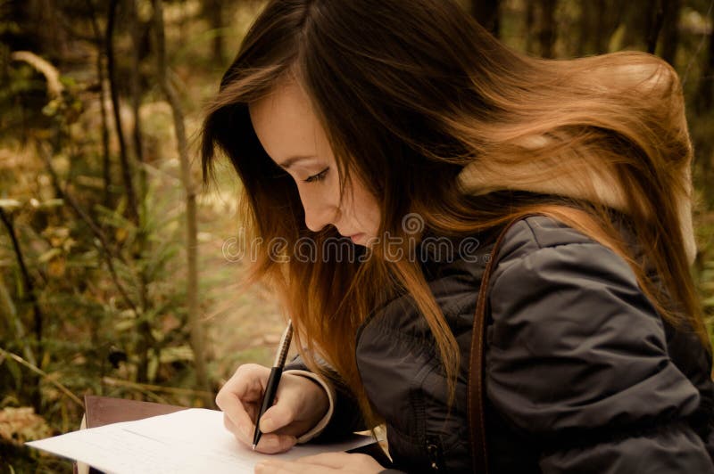 Writing Red Girl in the Forest Stock Photo - Image of rainforest, note ...
