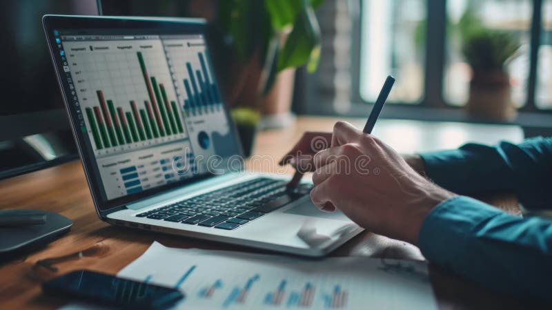 Writing a Report on Laptop with Graphs and Charts, Generative AI Stock ...