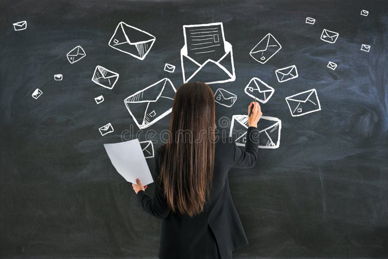 Writing and Sending E-mail Concept with Woman Drawing White Envelopes ...