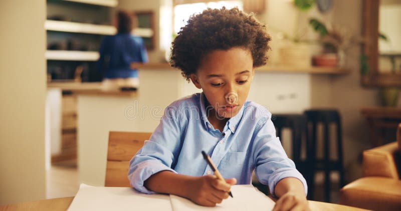 Writing, Serious and Child with Homework, Home and Boy with Info ...
