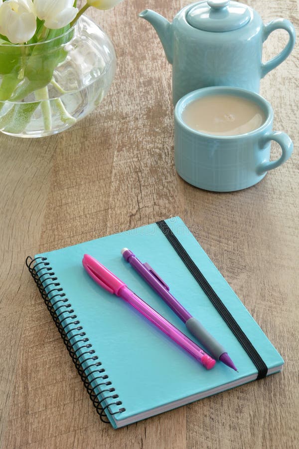 Relaxing Writing Setup Vertical Stock Photo - Image of wood, pink ...