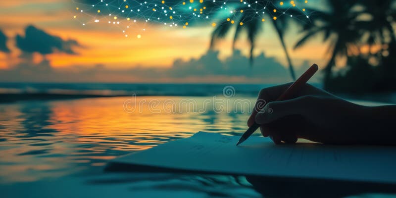 Writing at Sunset by the Ocean with Palm Trees and Starry Lights Stock ...