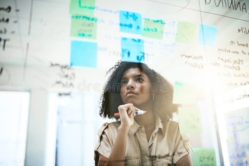 Writing, Thinking and Black Woman at Office Board with Planning ...