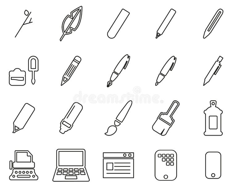 Writing Tools Icons Black & White Thin Line Set Big Stock Vector ...