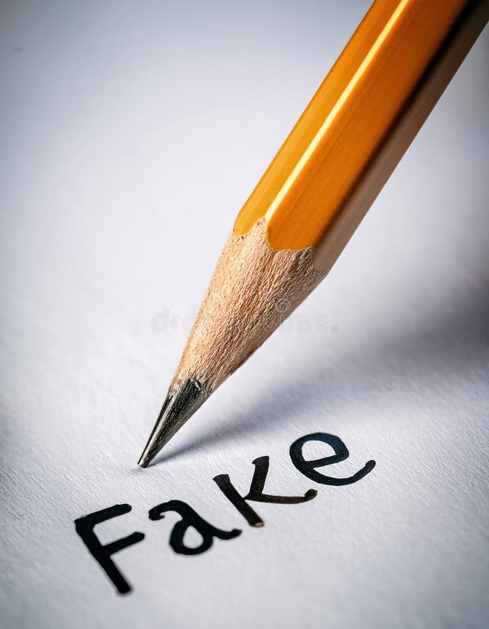 Writing the Word Fake with a Sharpened Pencil on a Blank Sheet of Paper ...