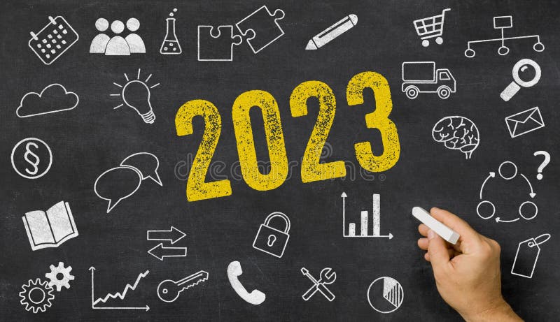 2023 Written on a Blackboard with Icons Stock Image - Image of annual ...