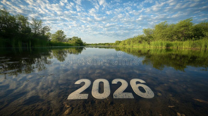 2026 Written on Riverbed, Mirror Reflection of Cloudy Sky, Concept of ...