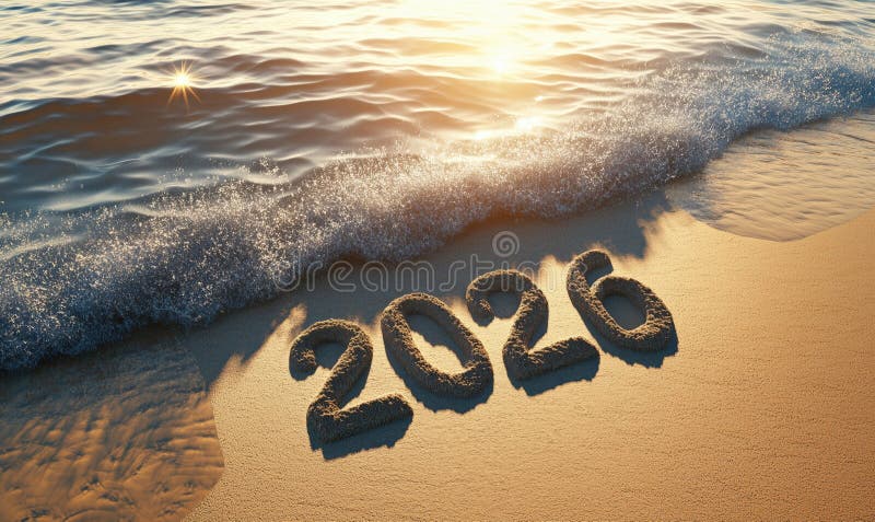 2026 Written in Sand on Beach with Ocean Waves and Sunset Background ...
