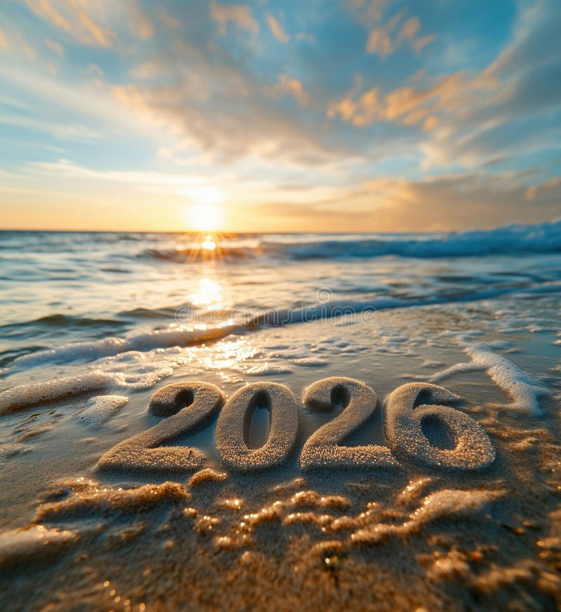 2026 Written in Sand at Beach during Sunset with Waves Gently Lapping Stock Image - Image of ...