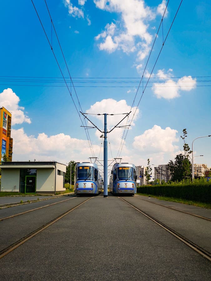 Two Trams Standing on Platform at Tram Loop at Sunny Cloudy Day ...