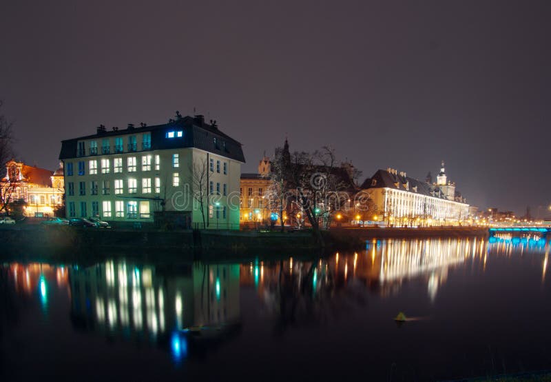 Wroclaw University Building by Oder River at Dusk, Wroclaw, Poland ...