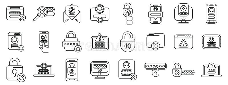 Wrong Password Icons Set Outline Vector. Lock Key Forget Stock Vector ...