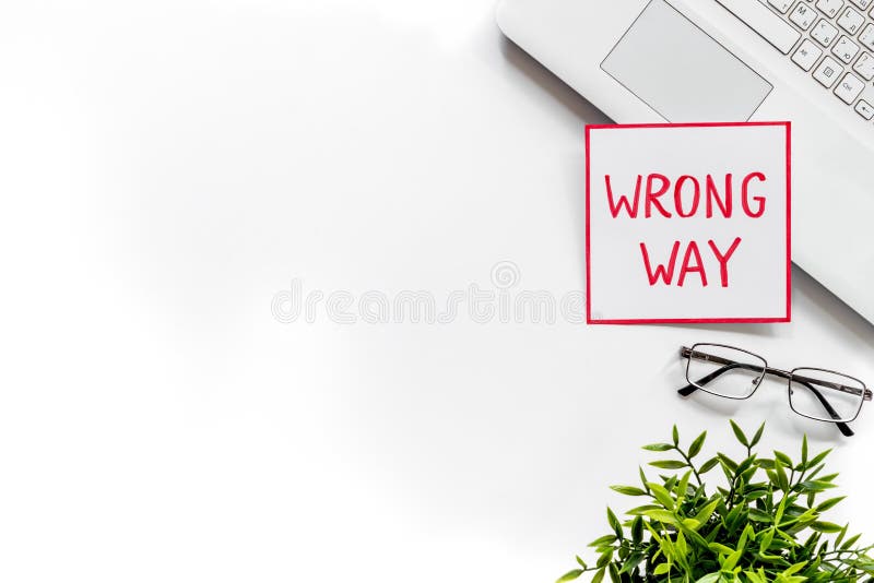 Wrong Way Icon on Office Desk - White, Top View Copy Space Stock Image ...