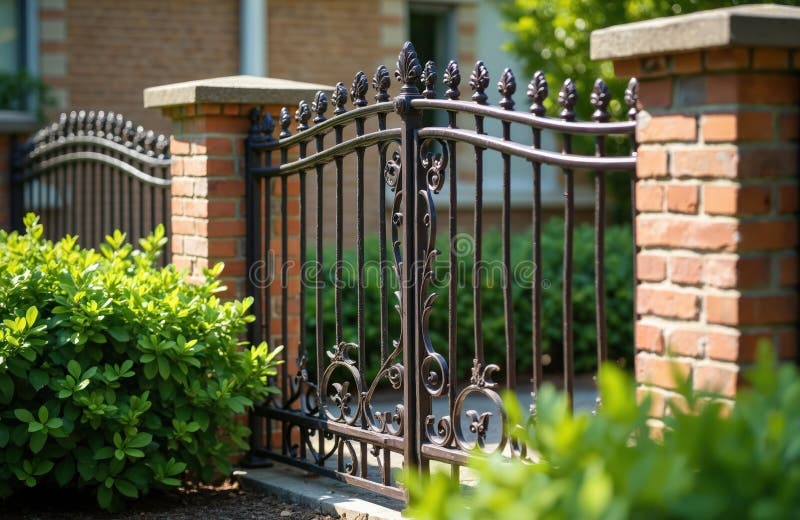 Wrought Iron Fence with Brick Pillars. Ornate Design with Decorative ...