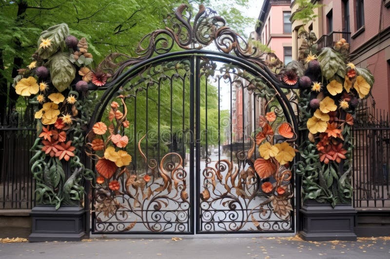 Wrought Iron Gate Adorned with Floral and Leaf Motifs Stock ...