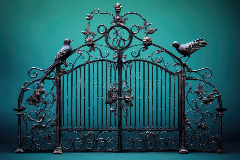 Wrought Iron Gate with a Bird Perched on Top Stock Illustration ...