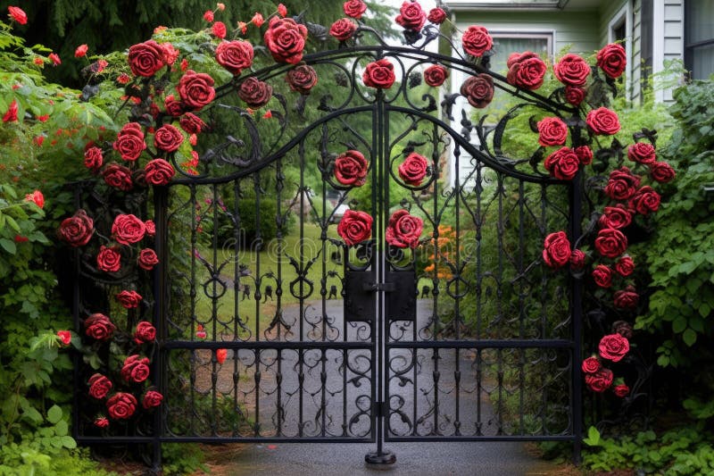 Wrought Iron Gate with Climbing Roses Stock Illustration - Illustration ...