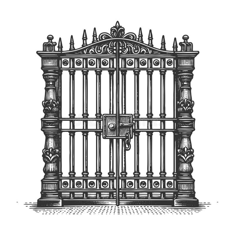 Ornate Locked Iron Gate Engraving Vector Stock Illustration ...