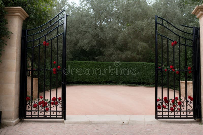 A Wrought Iron Gate Opening To Reveal a Labyrinth of Roses Stock ...