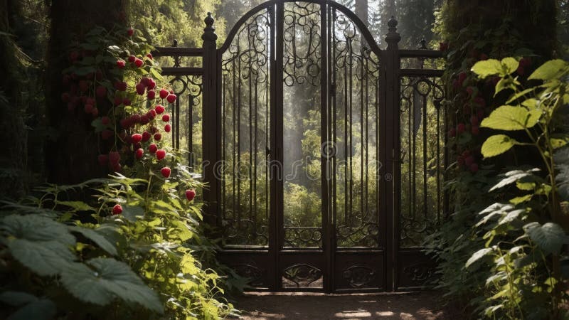 Mysterious Ornate Iron Gate Leading To Sunlit Forest Path Stock ...