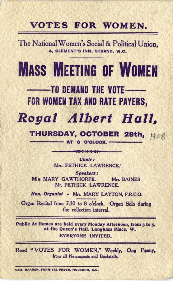 WSPU Leaflet At The Royal Albert Hall, 29 October 1908 Picture. Image ...