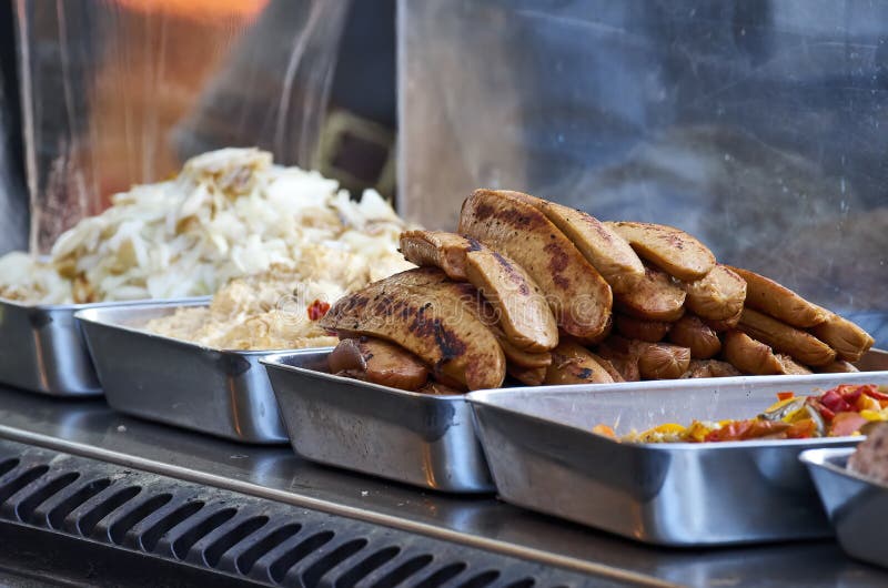 Wurstel in a open market stock image. Image of grid - 137334665