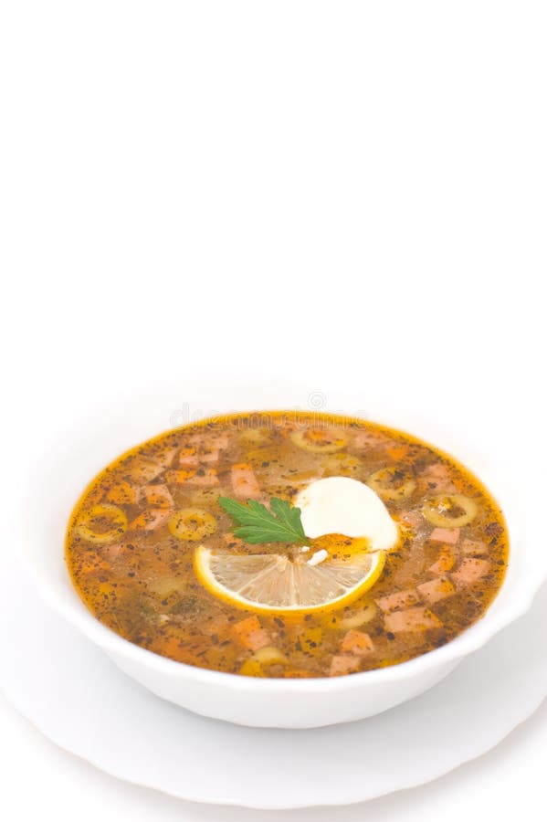 Wurstsuppe Mit in Essig Eingelegten Gurken Stockbild - Bild von braun ...