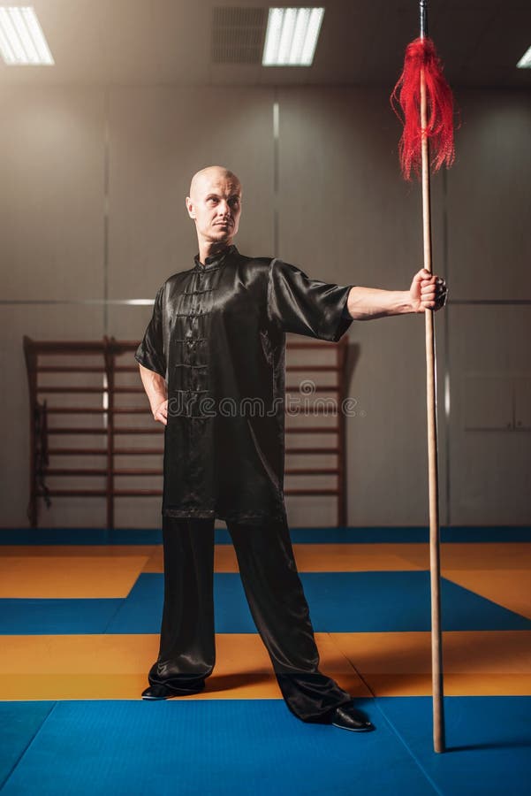 Wushu Fighter Poses with Lance, Martial Arts Stock Image - Image of ...